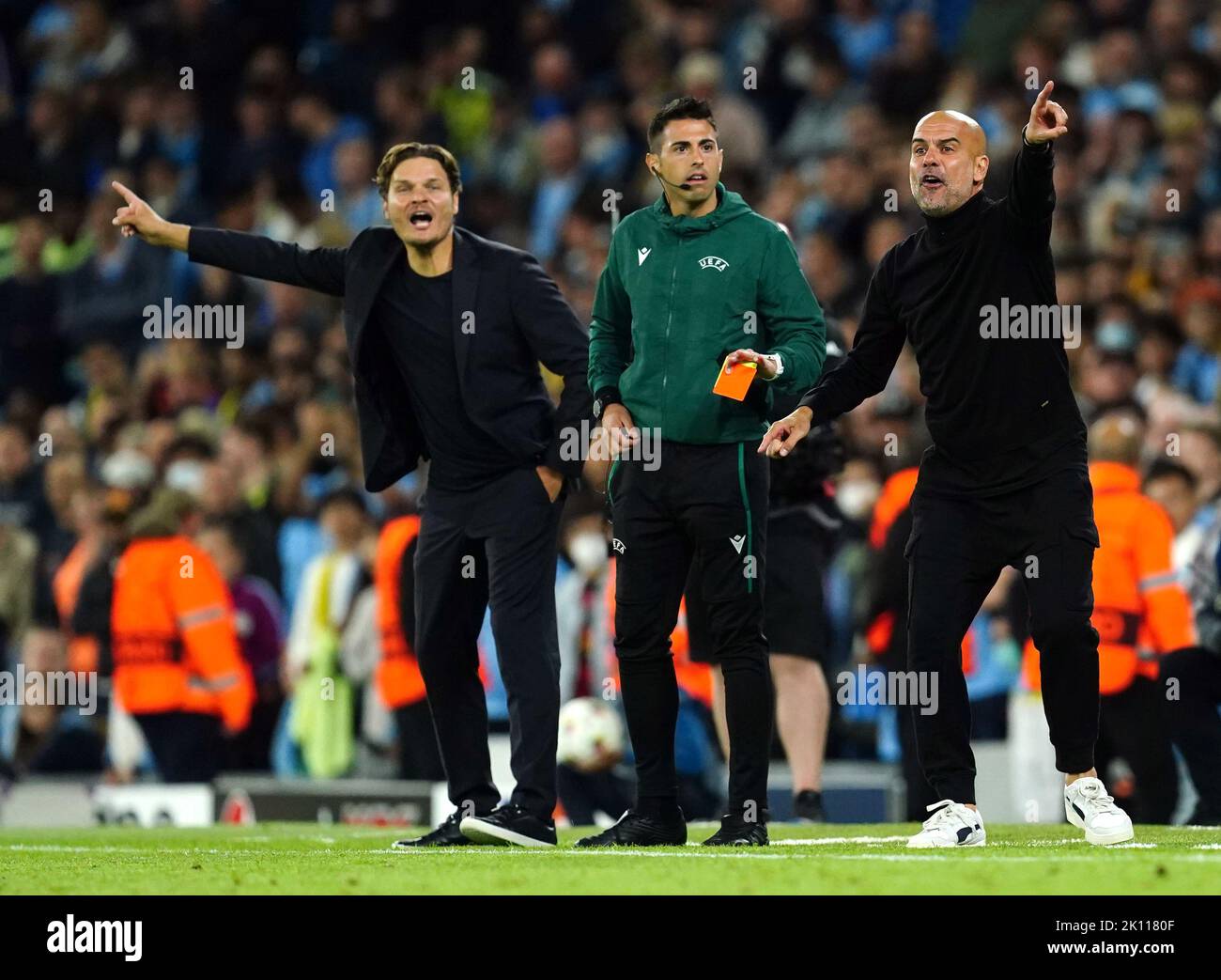 Manchester City manager Pep Guardiola gestures on the touchline during ...