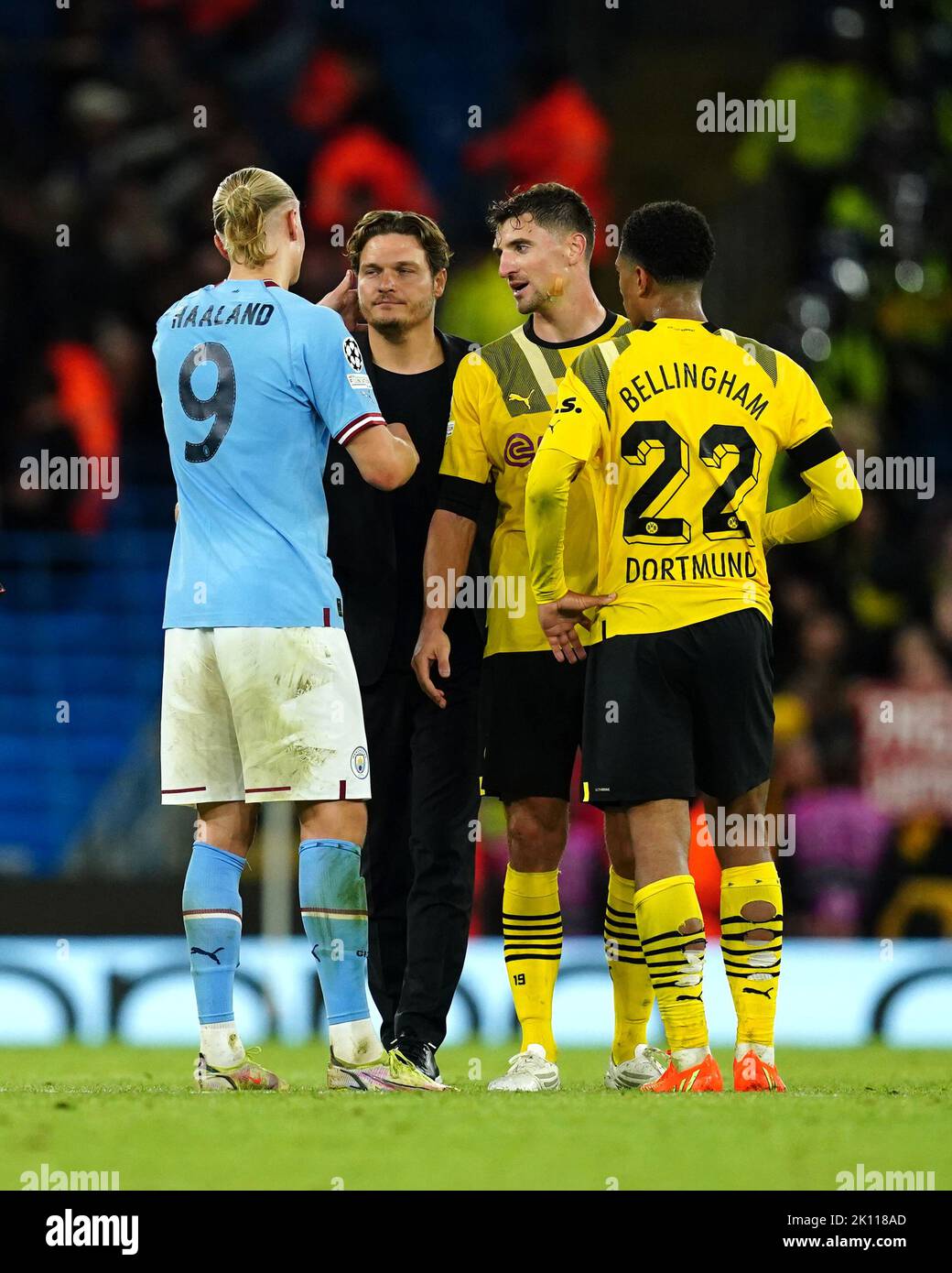 Manchester City's Erling Haaland greets Borussia Dortmund manager Edin ...