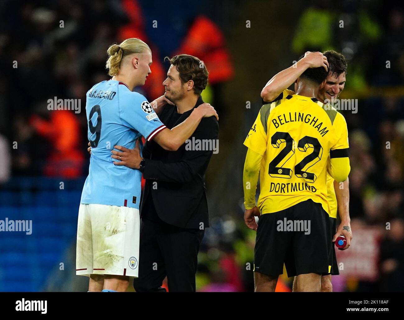 Manchester City's Erling Haaland greets Borussia Dortmund manager Edin ...