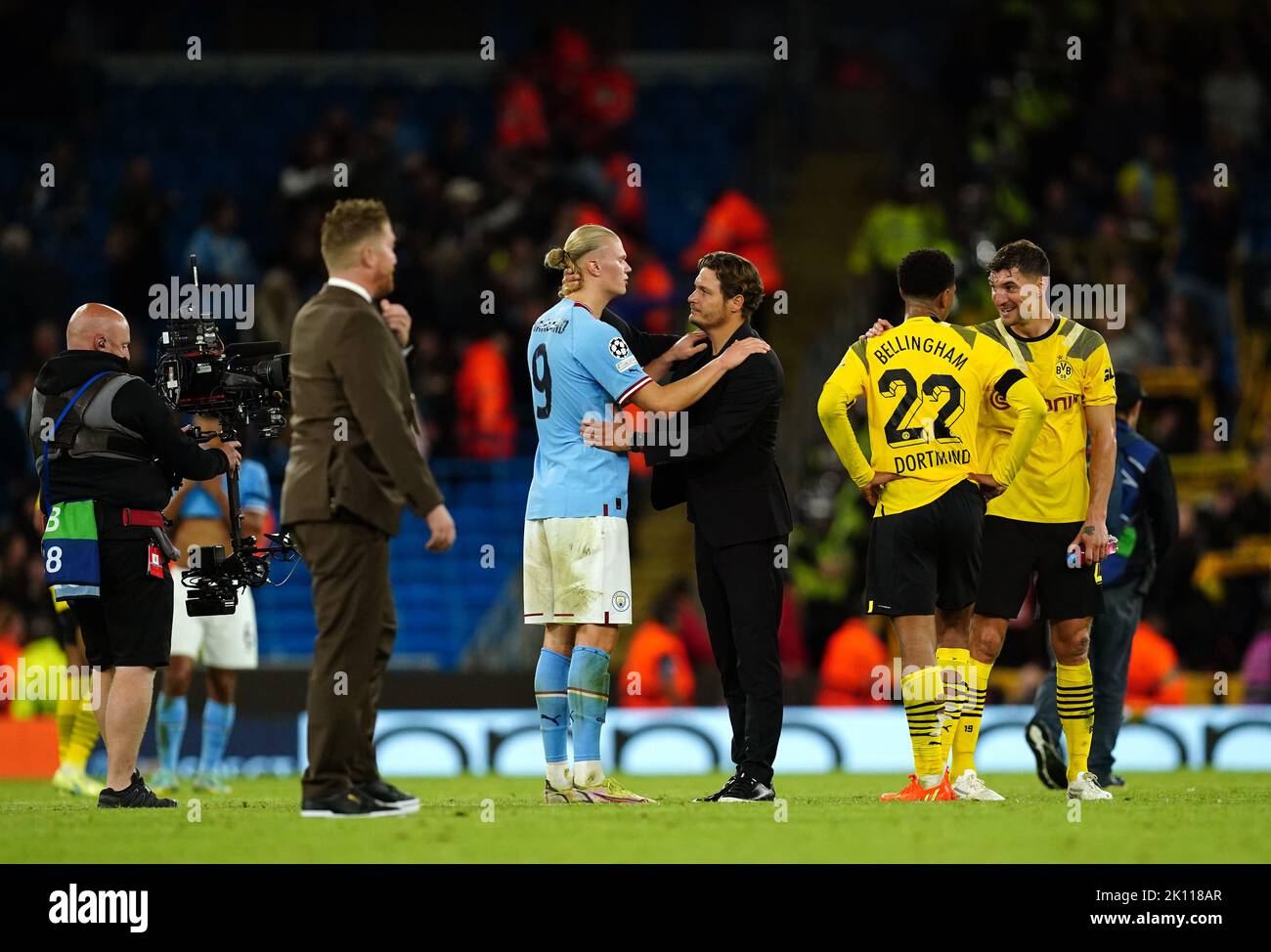 Manchester City's Erling Haaland greets Borussia Dortmund manager Edin ...