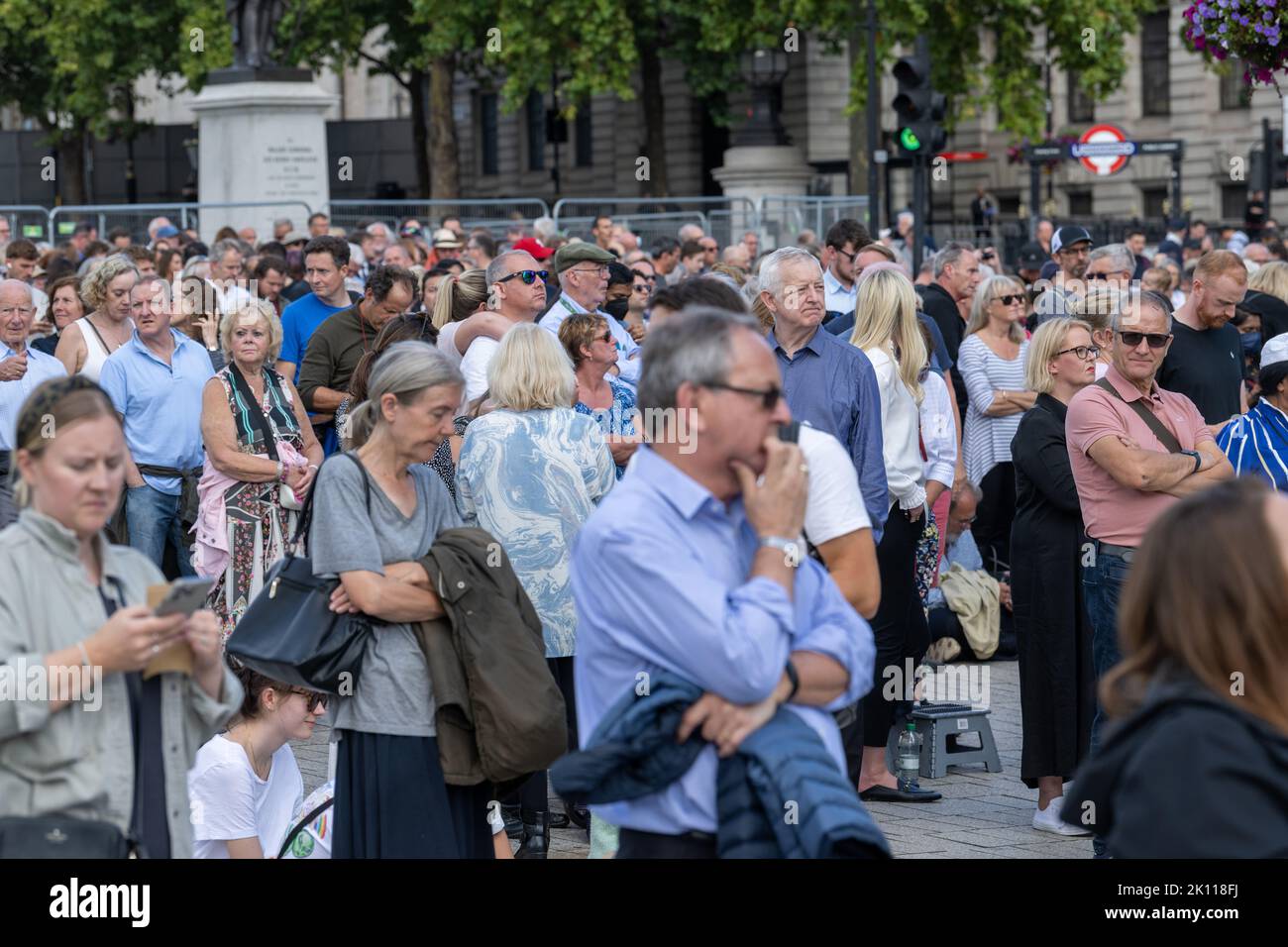 London, UK. 14th Sep, 2022. Vast crowds gathered around Trafalgar ...