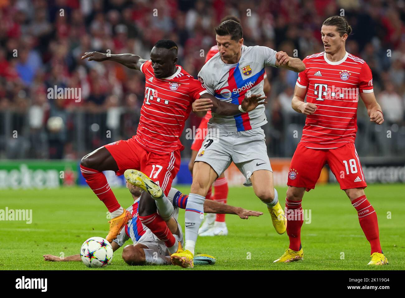 Sadio Mane of FC Bayern Munich in action with Robert Lewandowski of FC ...