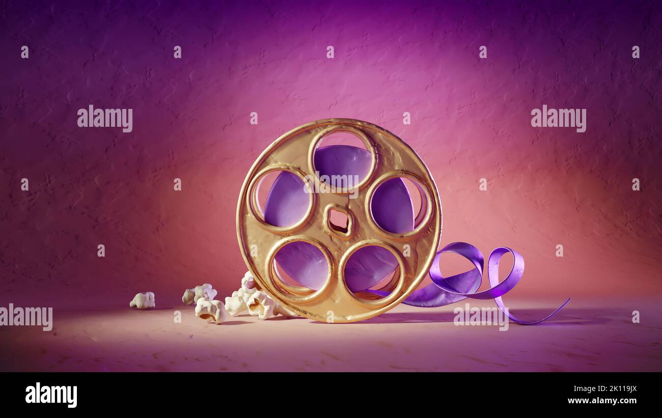 Film cinema disk with film-strip and popcorn made of clay on bright ...