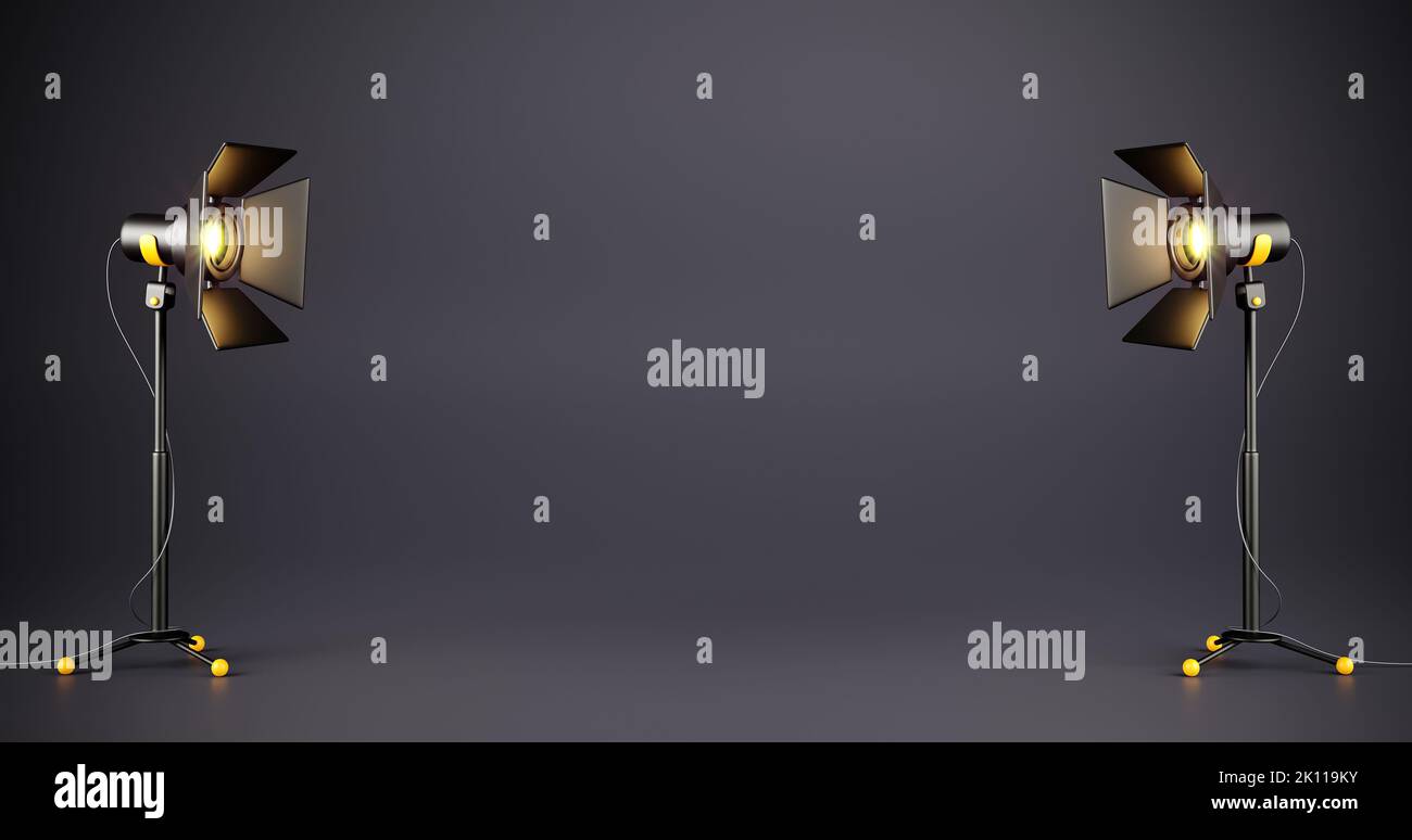 Dark TV studio with spotlights on stands for a movie and tv show ...