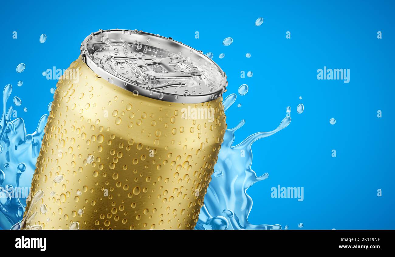 Beer can with drops and aqua splash with scattering splashes on blue ...