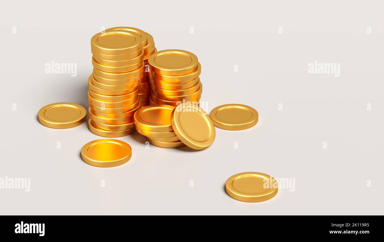 Gold coins stack, golden coin heap on yellow background. Stacks of cash ...