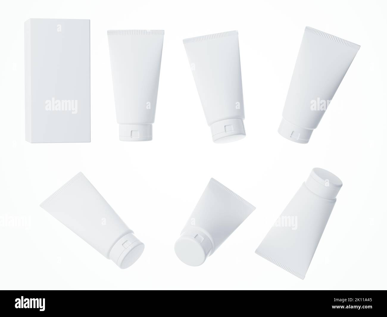 Six different views of plastic cosmetic cream tube with box isolated on ...