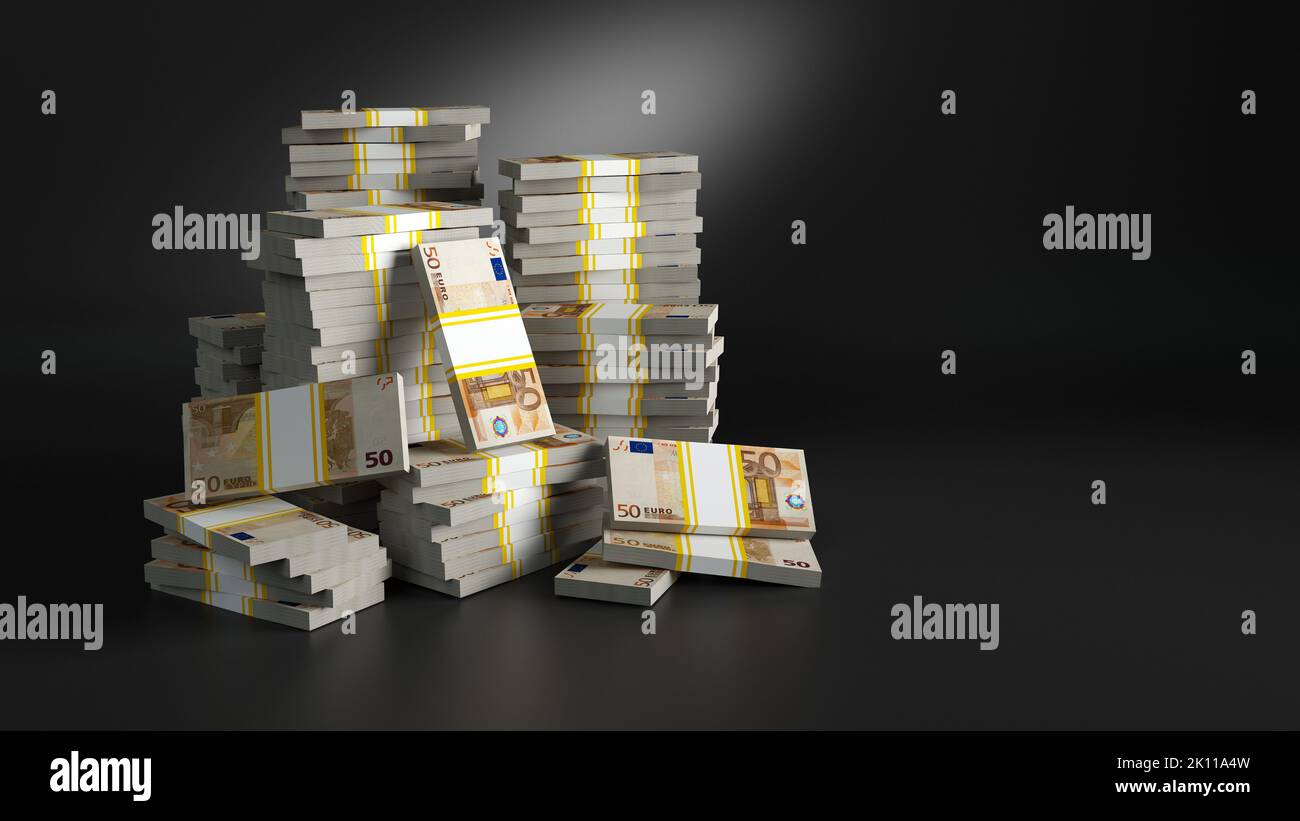 Batches with euros. Heaps of paper money packs. Million jackpot winning ...