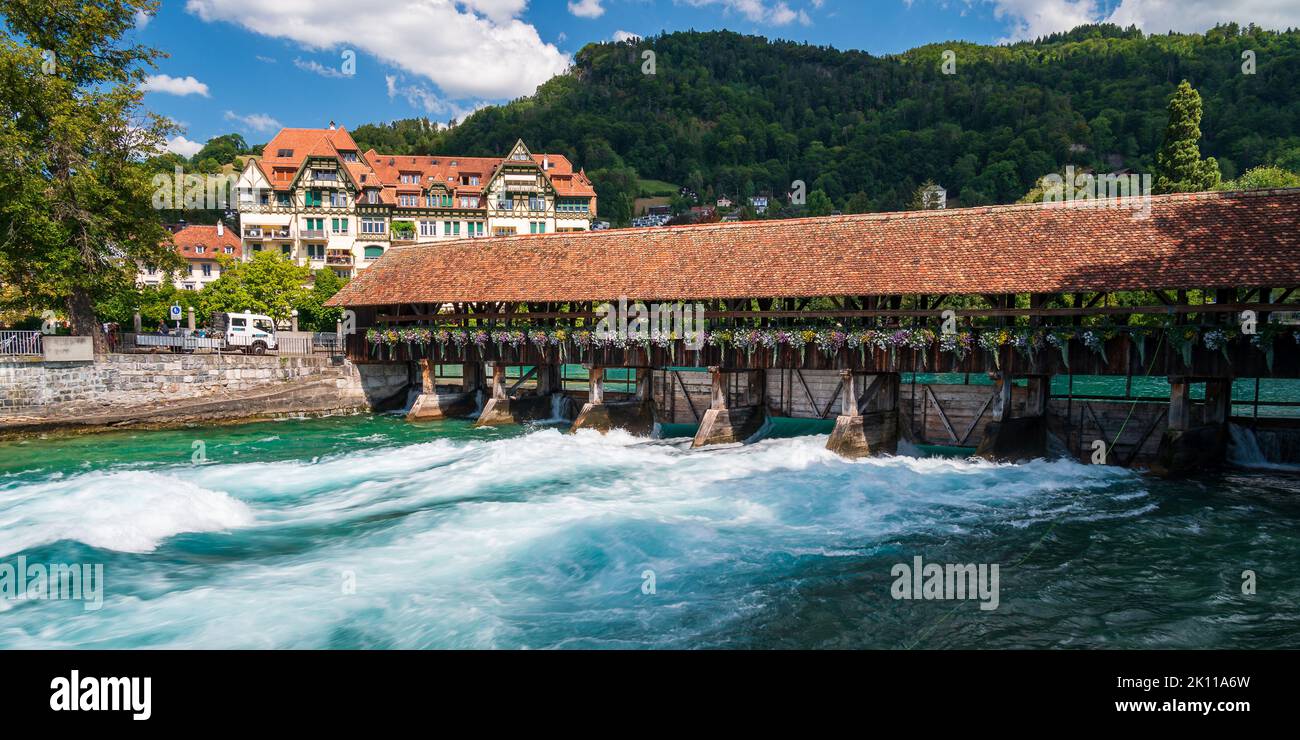 Covered Bridge on the River Aar, in Thun, village on the Thunersee ...