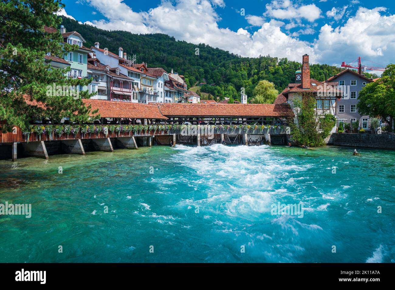 Covered Bridge on the River Aar, in Thun, village on the Thunersee ...