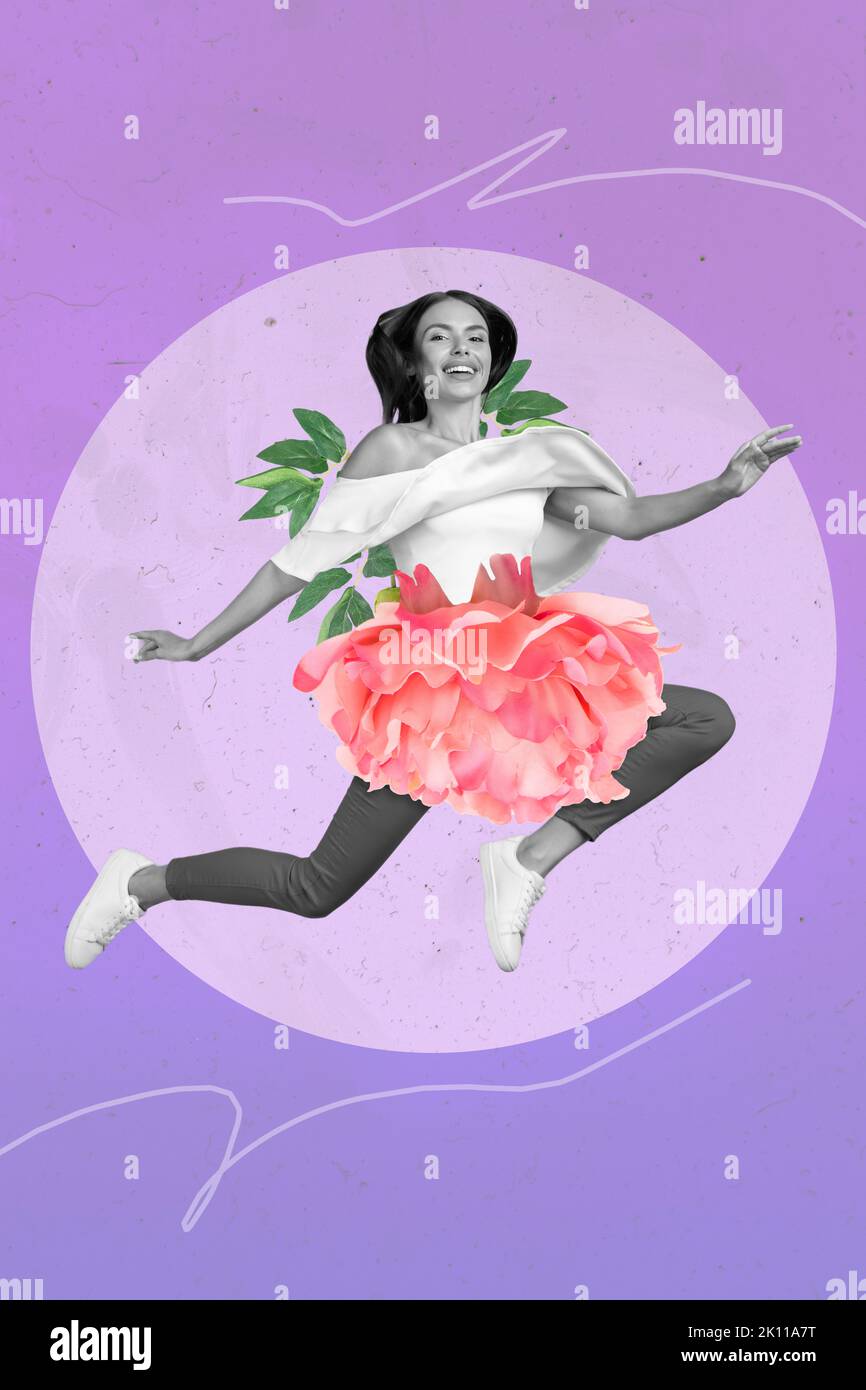 Creative trend collage of millennial lovely lady jumping running flower ...