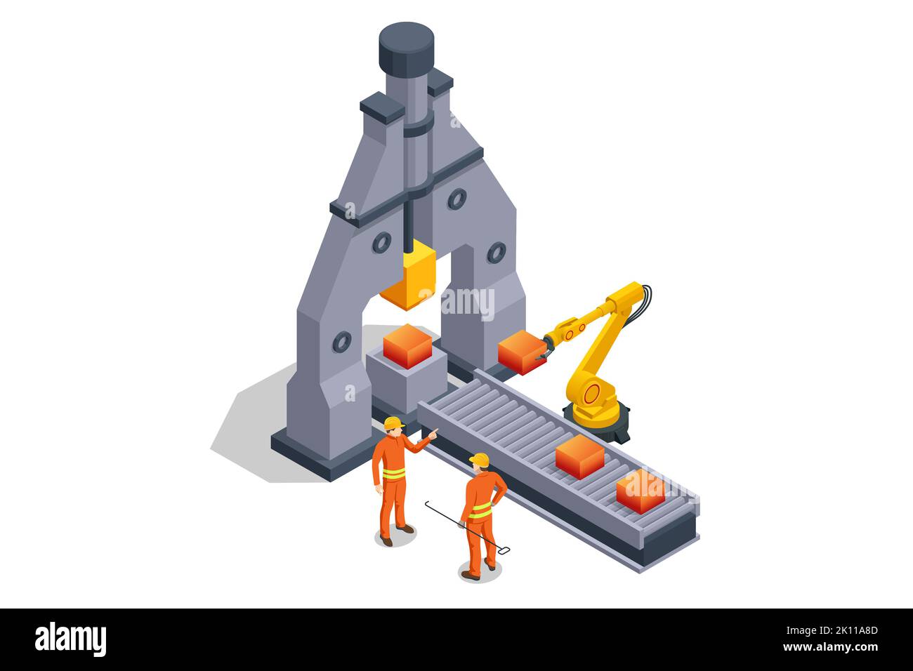 Worker controlling metal melting in furnaces. Isometric industrial ...