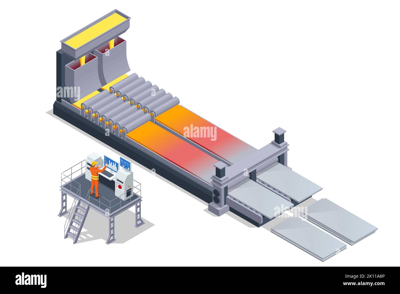 Worker controlling metal melting in furnaces. Isometric industrial ...