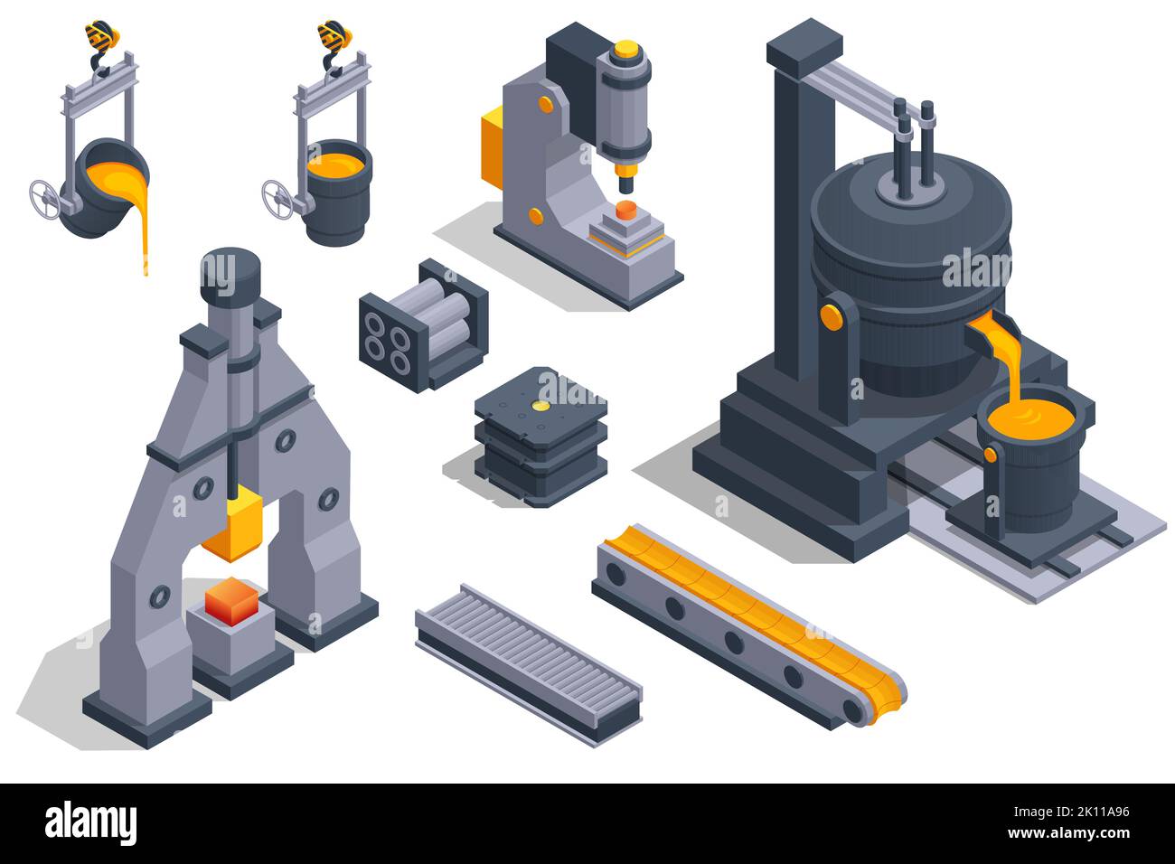 Isometric industrial steel production and metallurgy. Hot steel pouring ...