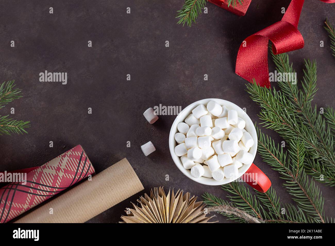 Marshmallow. Christmas background with Christmas trees. christmas card ...