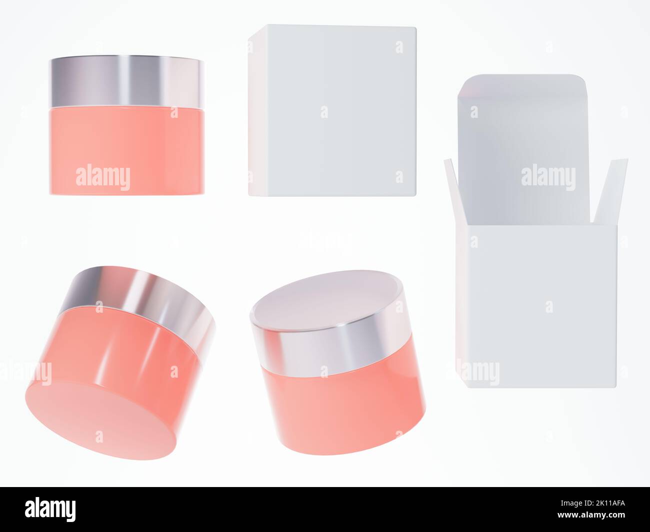 Different views of pink cosmetic cream jar with silver cap and box ...