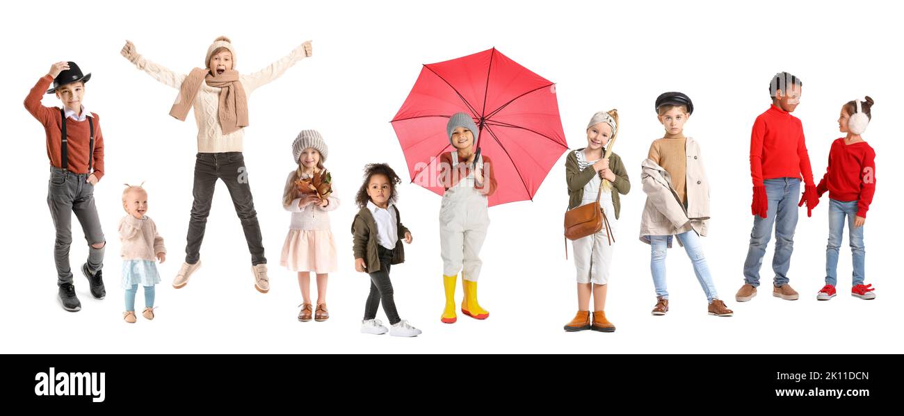 Set of cute little children in autumn clothes isolated on white Stock ...