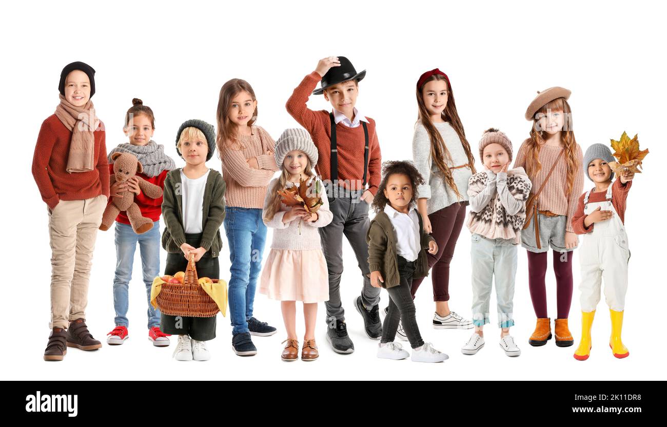 Set of cute little children in autumn clothes isolated on white Stock ...