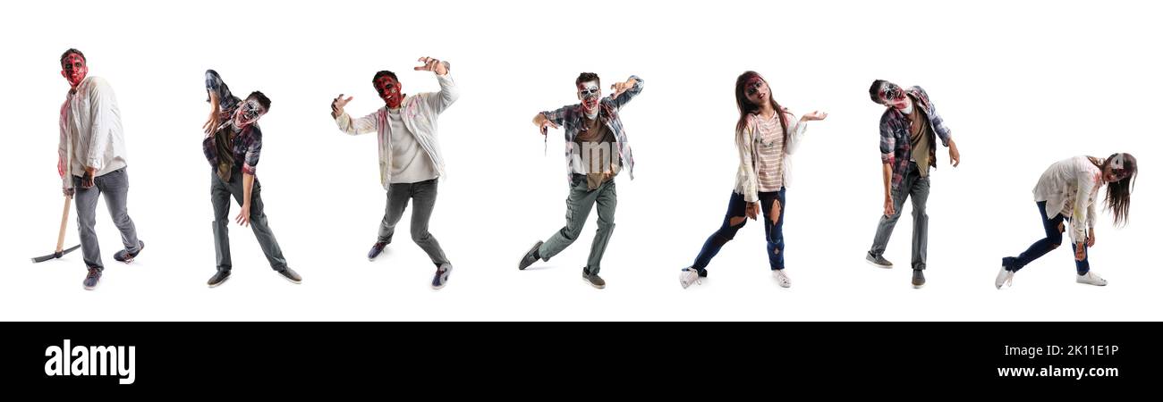 Set of many scary zombies on white background Stock Photo - Alamy