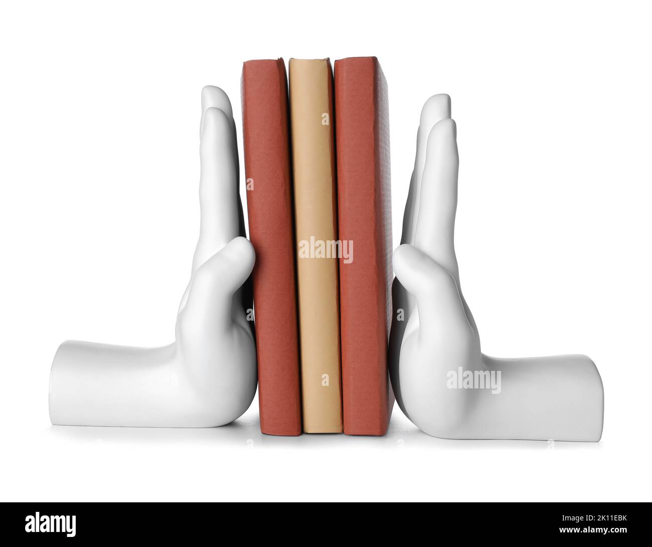 Books with stands in shape of hands on white background Stock Photo - Alamy