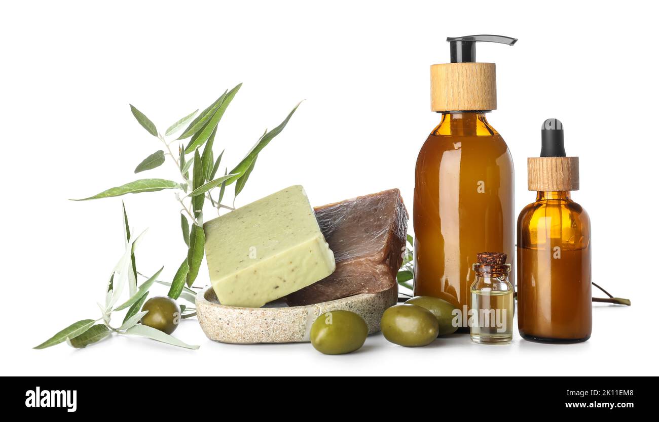 Set of natural cosmetic products with olive extract on white background ...