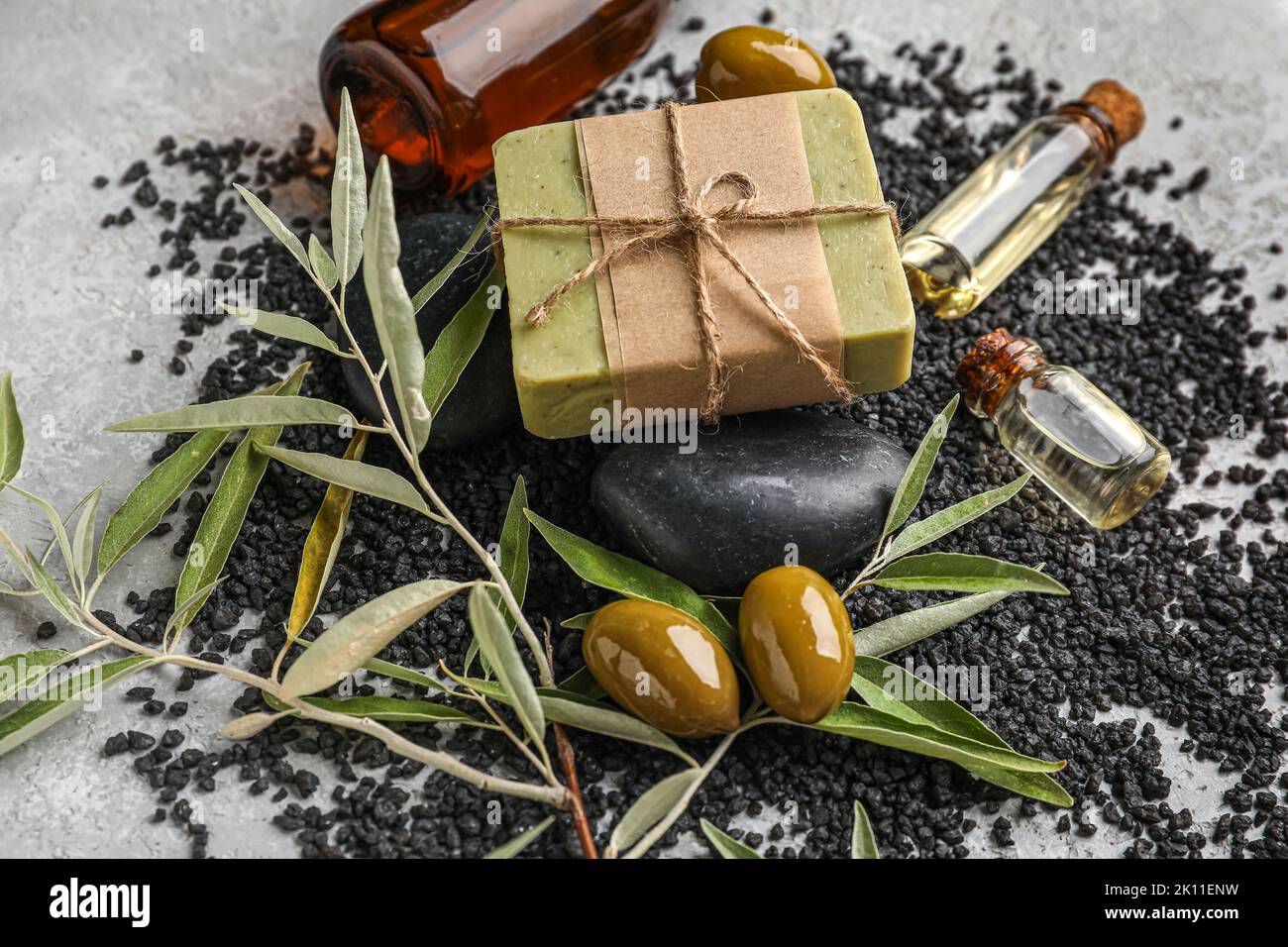 Olive soap bar on table, closeup Stock Photo - Alamy
