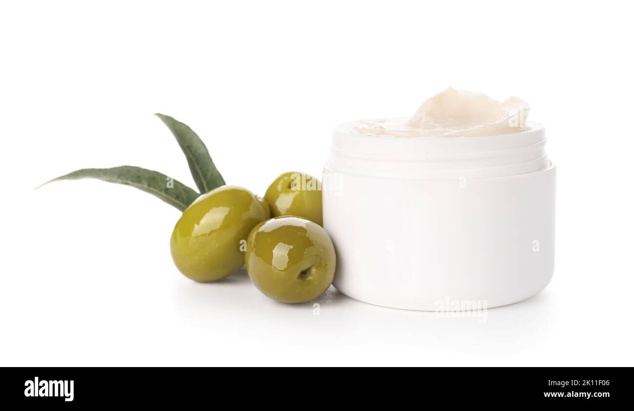 Jar of natural olive cream on white background Stock Photo - Alamy