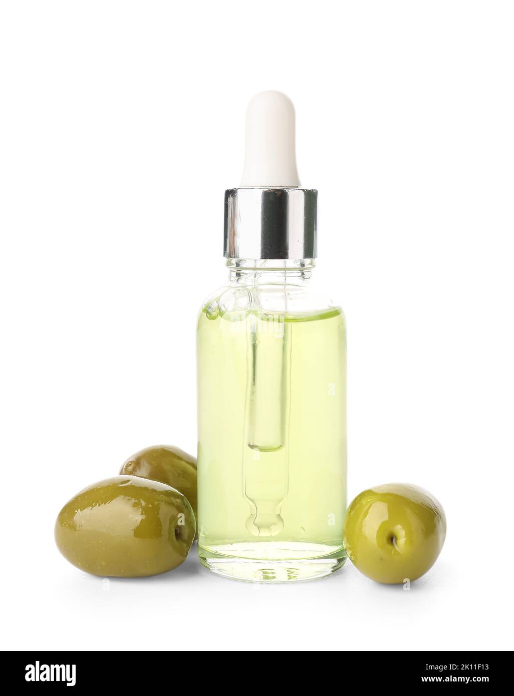 Bottle of essential olive oil on white background Stock Photo - Alamy