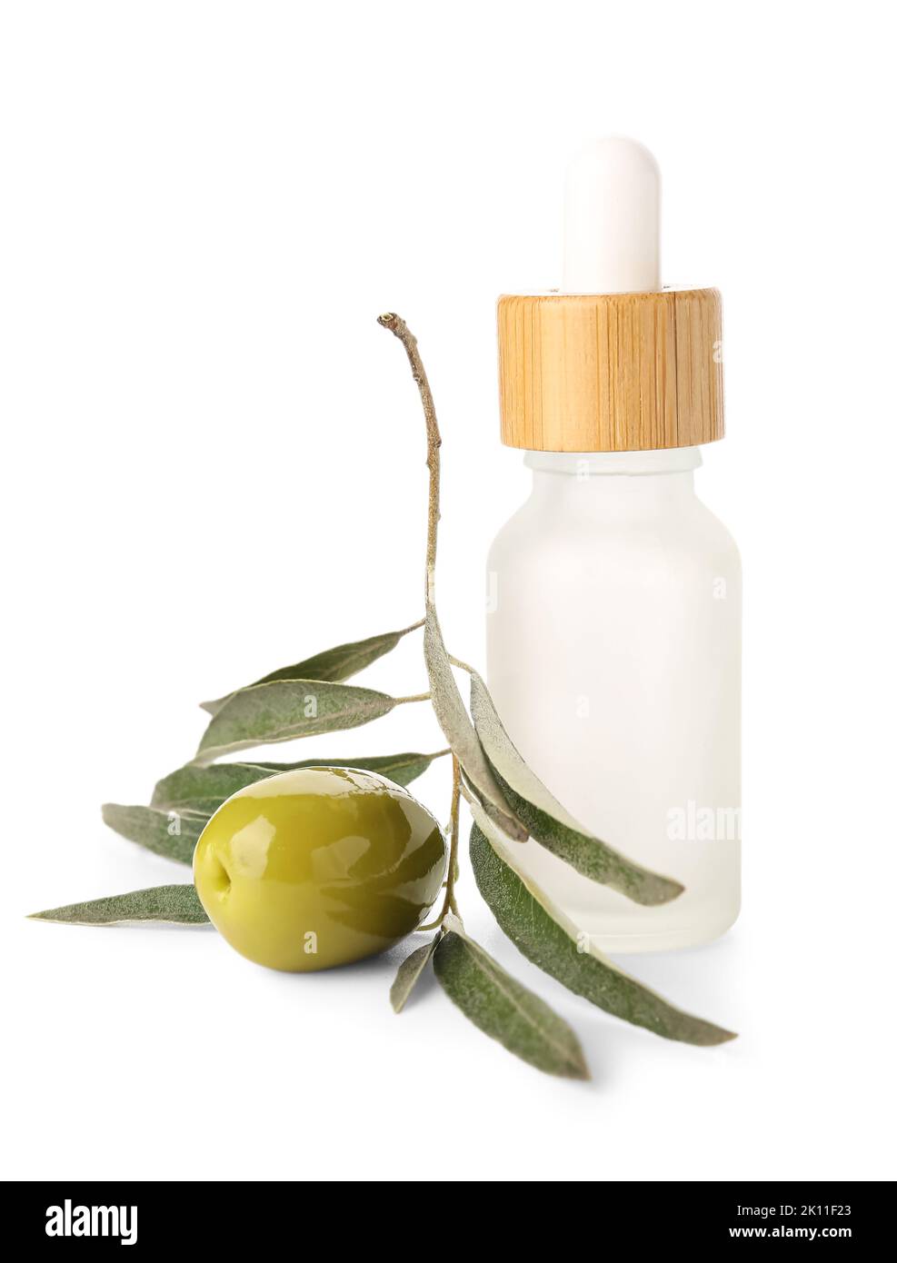 Bottle with essential olive oil on white background Stock Photo - Alamy