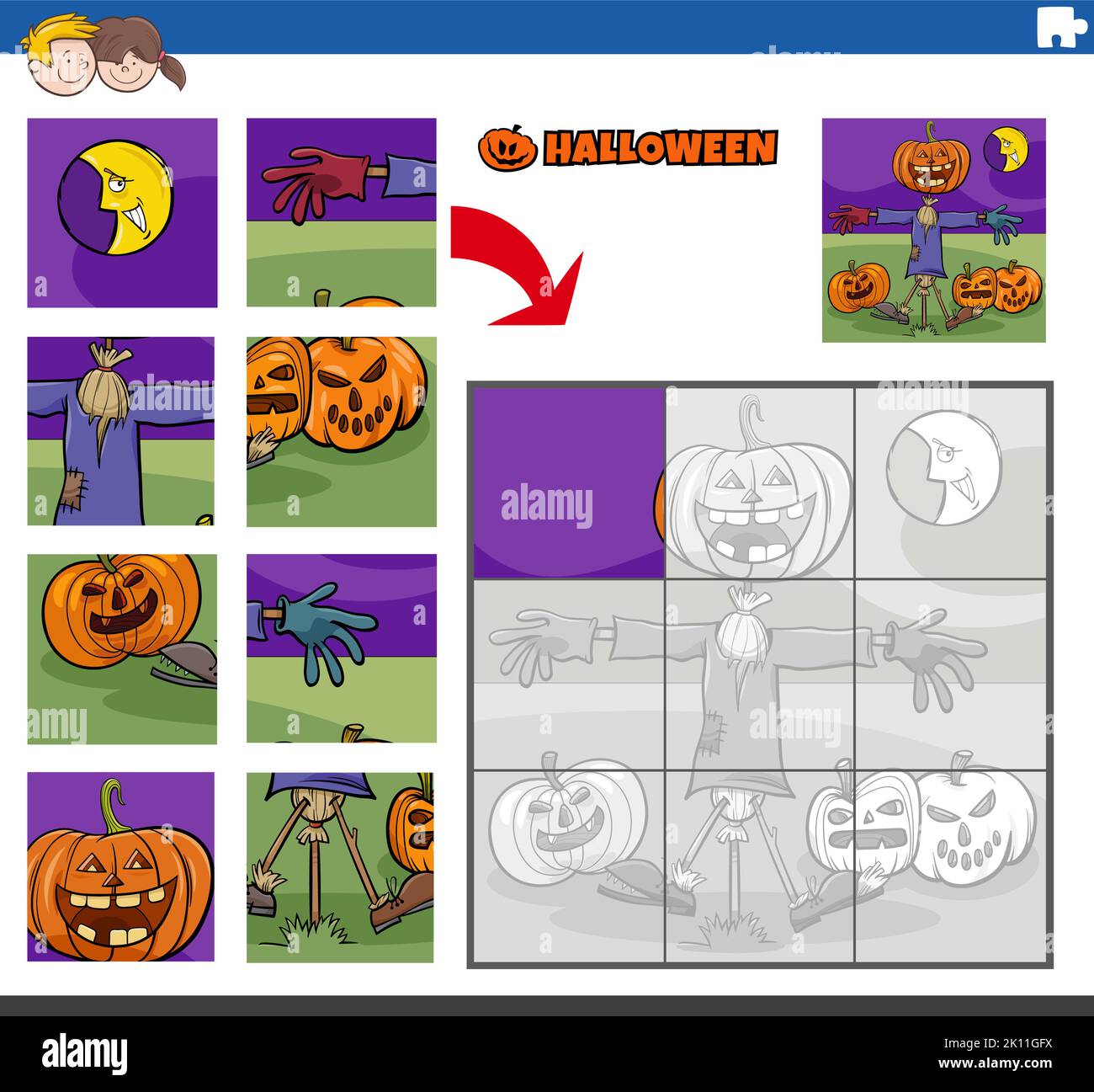 Cartoon illustration of educational jigsaw puzzle game with jack o ...