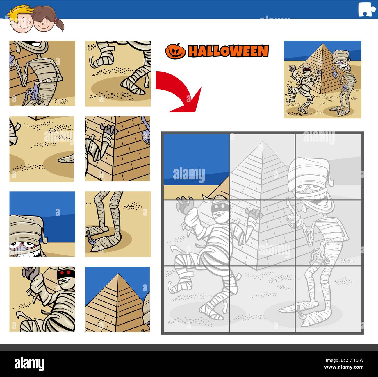 Cartoon illustration of educational jigsaw puzzle game with mummy ...