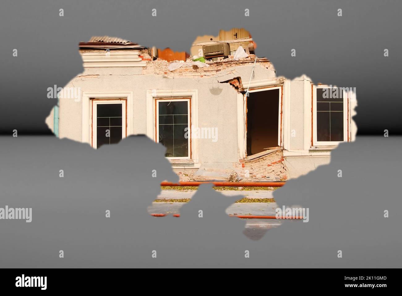 Defocus huge ruins, wreck in Ukraine, war. House after russian attack ...