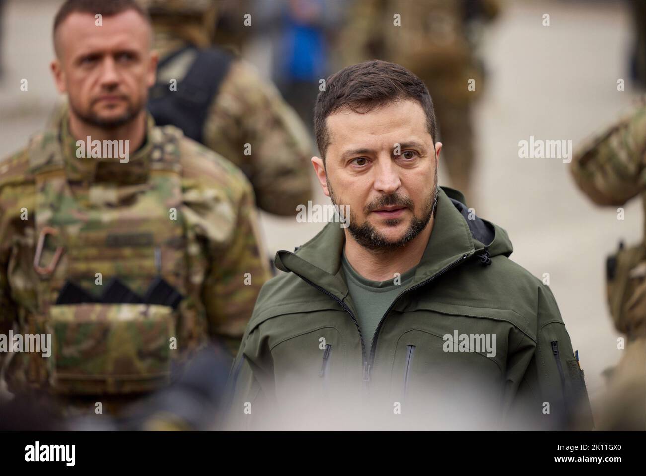 Izium, Ukraine. 14th Sep, 2022. Ukrainian President Volodymyr Zelenskyy ...