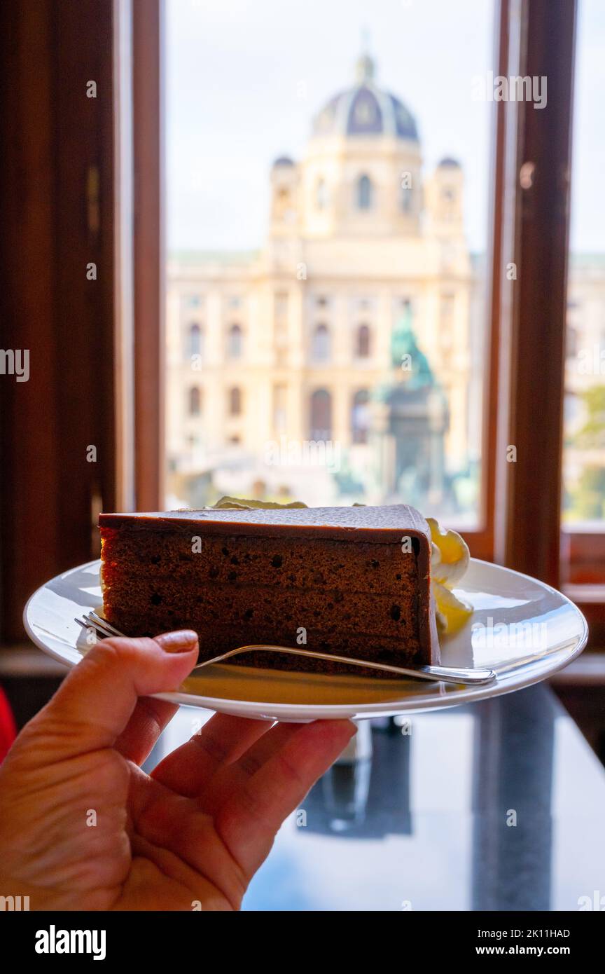 Hand with piece of famous Sachertorte chocolate cake with apricot jam ...