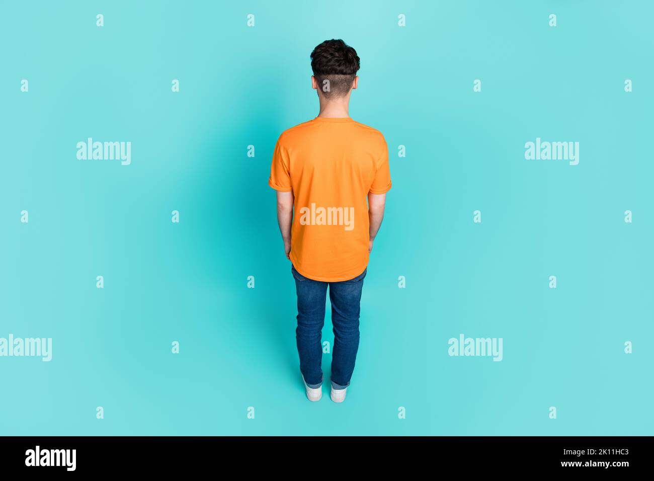 Back rear full body photo top angle of man standing have fashionable ...