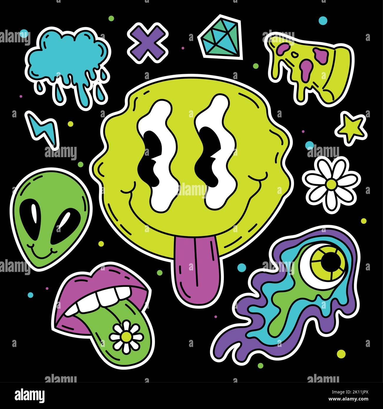 Colored group of groovy emotes and icons Melting face Vector Stock ...