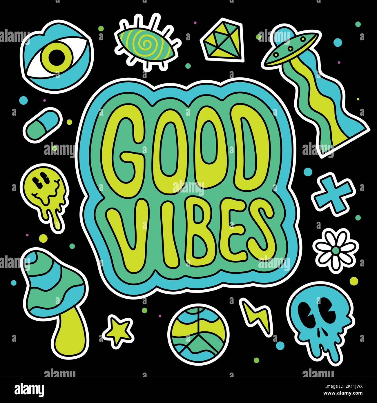 Colored group of groovy emotes and icons Good vibes Vector Stock Vector ...