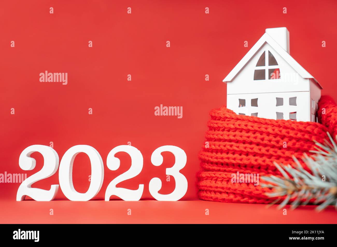 Happy New Year 2023. White wooden numbers 2023 stand with white toy ...