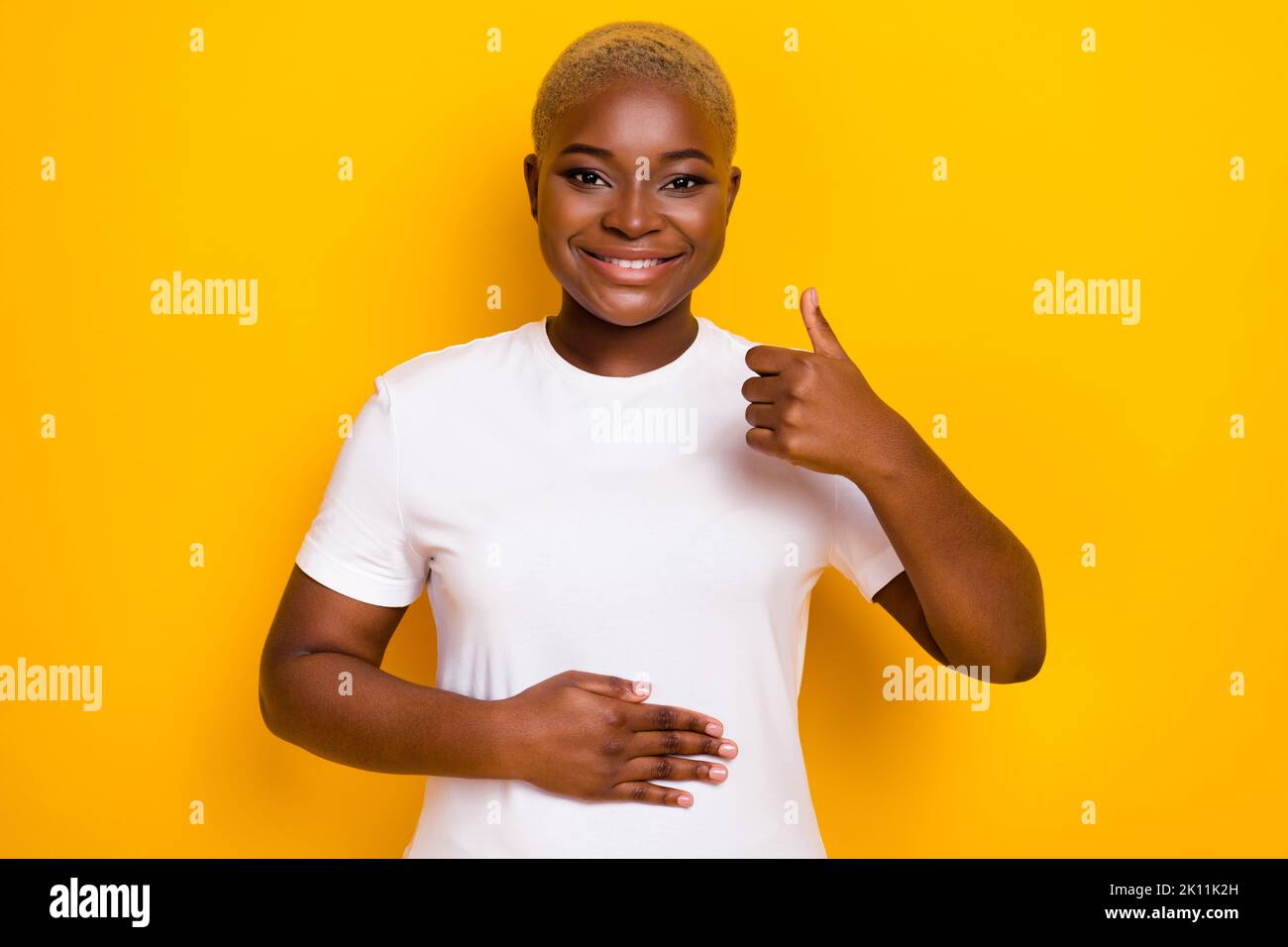 Photo of pretty nice person arm finger demonstrate advice symbol offer ...