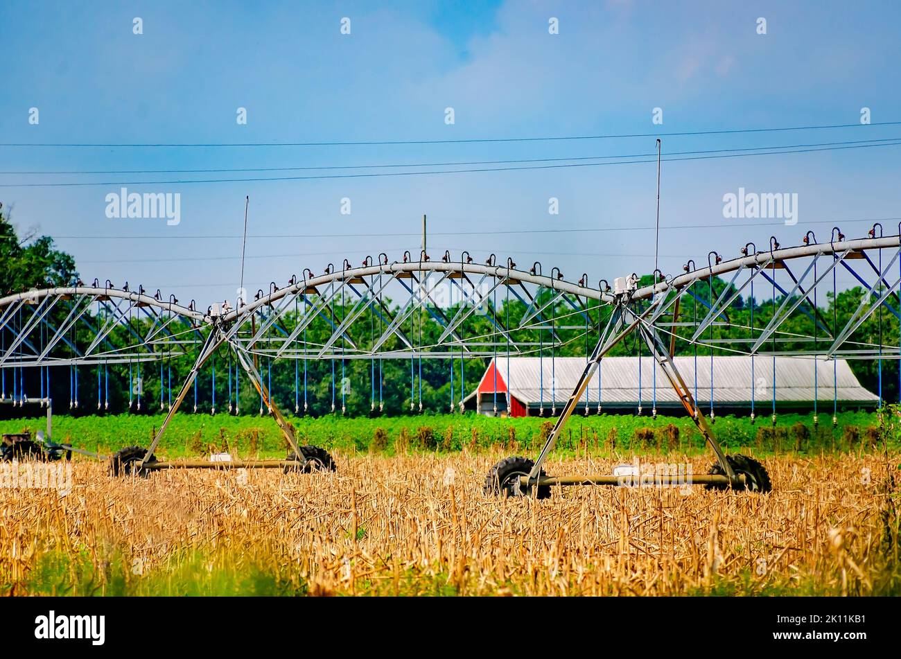 A crop irrigation system stands in a field, Sept. 8, 2022, in Fairhope ...