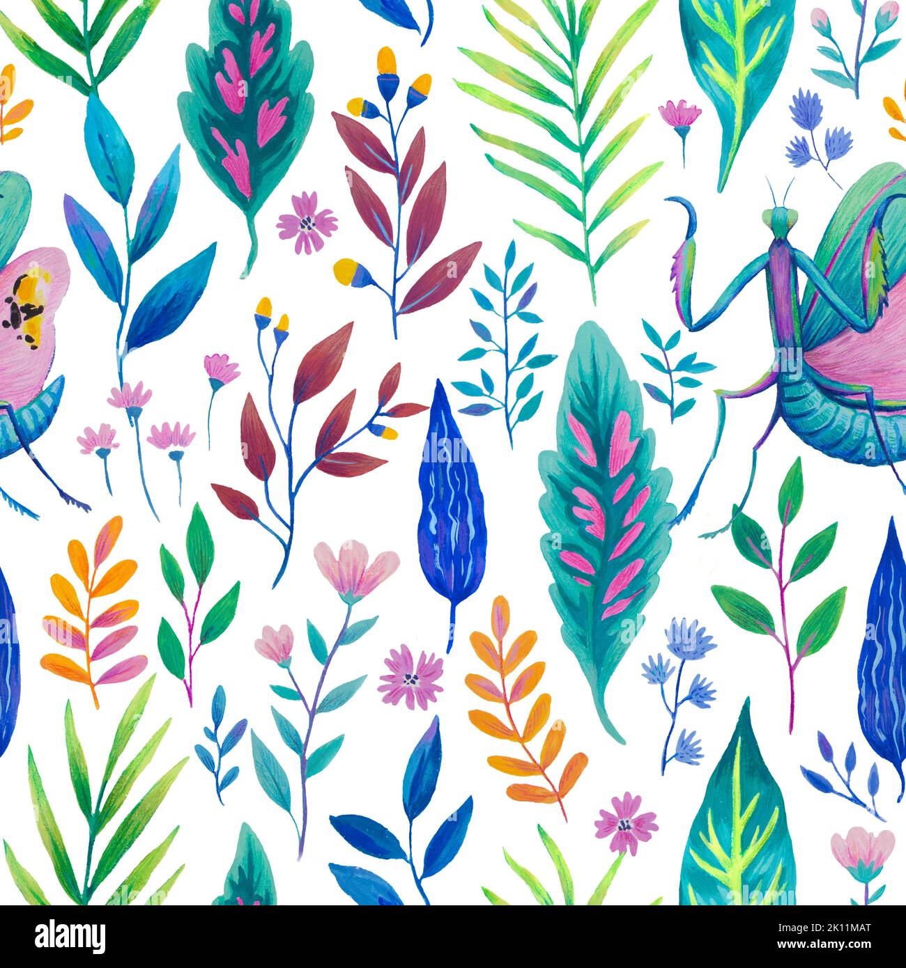 Colorful seamless pattern with bright tropical leaves and flowers ...