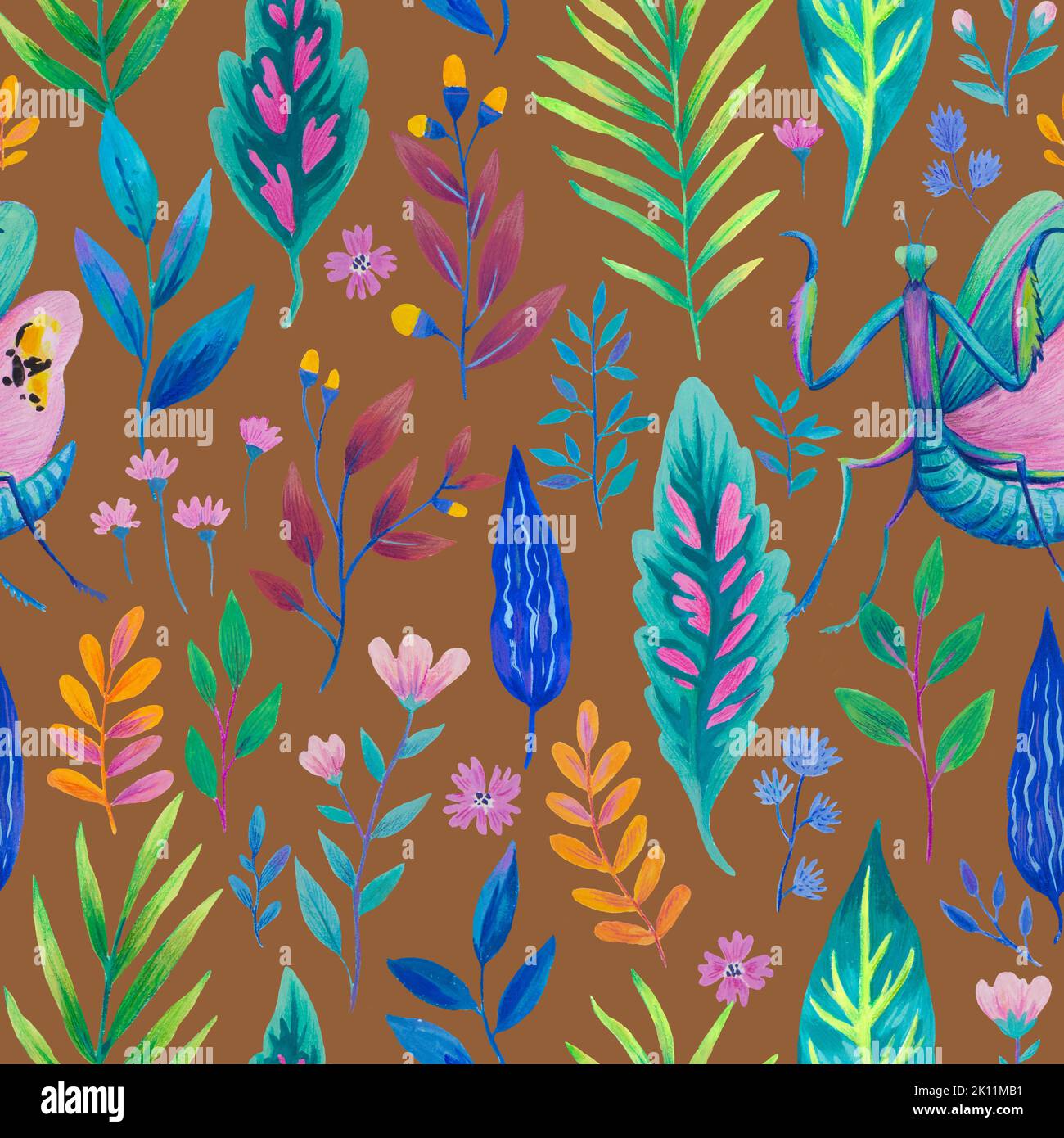 Colorful seamless pattern with bright tropical leaves and flowers ...
