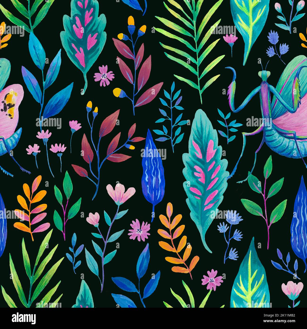Colorful seamless pattern with bright tropical leaves and flowers ...