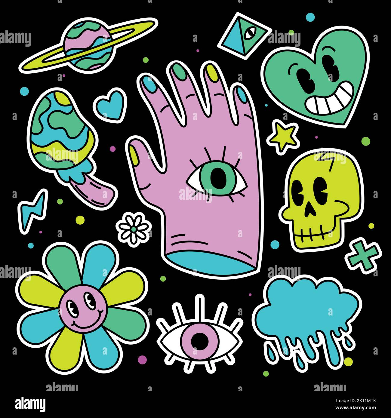Colored group of groovy emotes and icons Hand with eye Vector Stock ...
