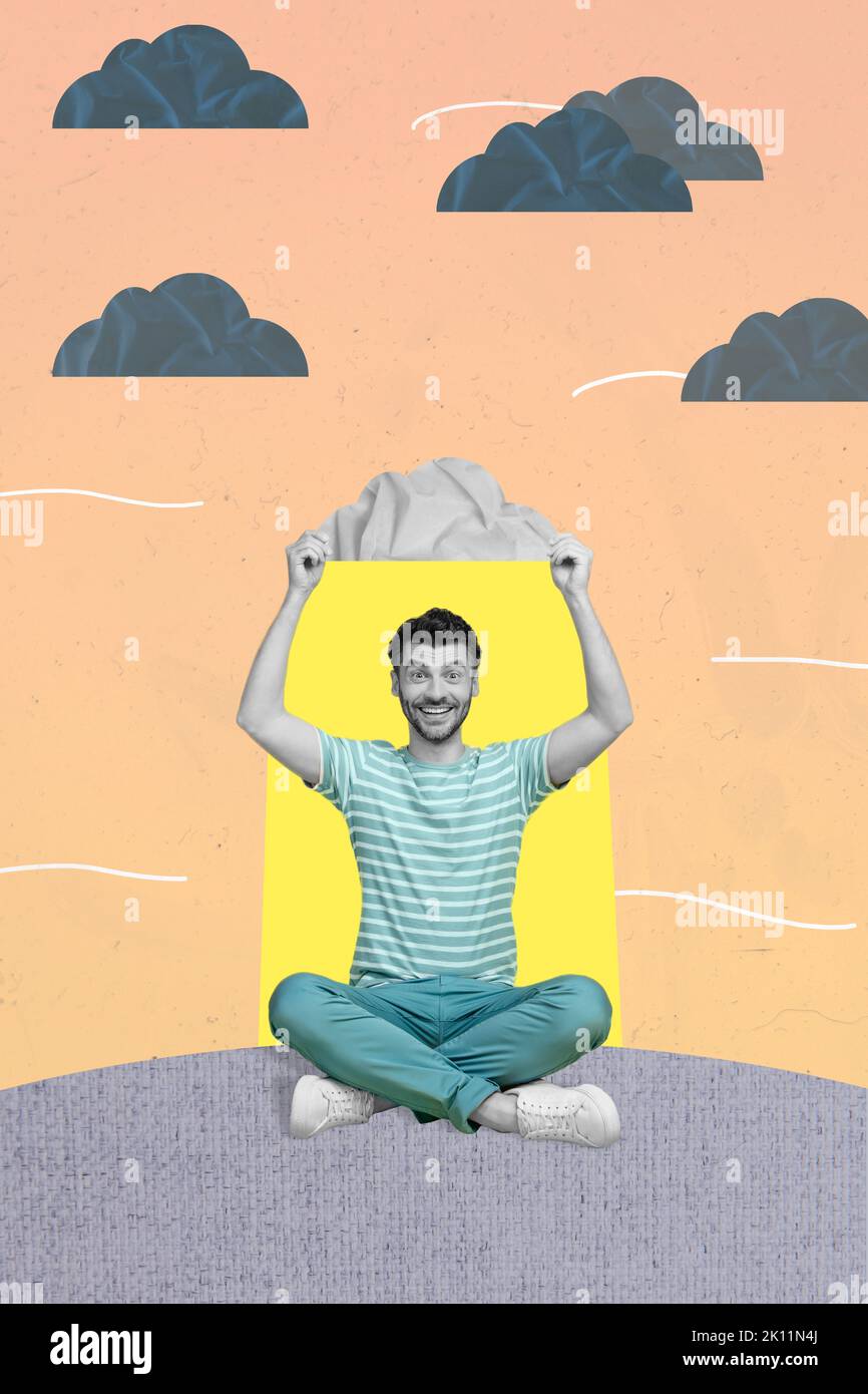 Creative 3d collage artwork poster sketch of funny funky person boy sit ...