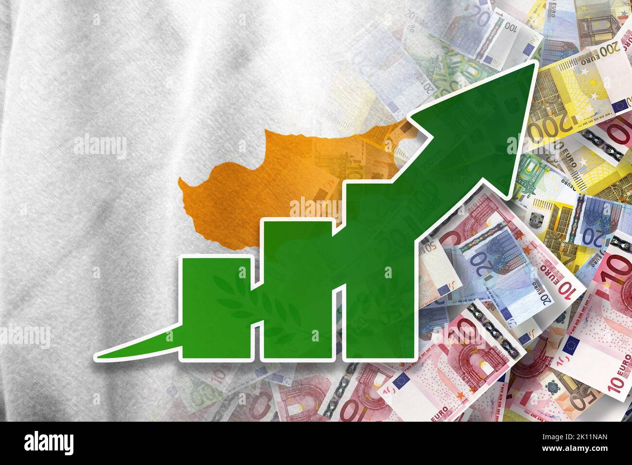 Economy graph: rising arrow, cash euro banknotes and Cyprus flag (Money ...
