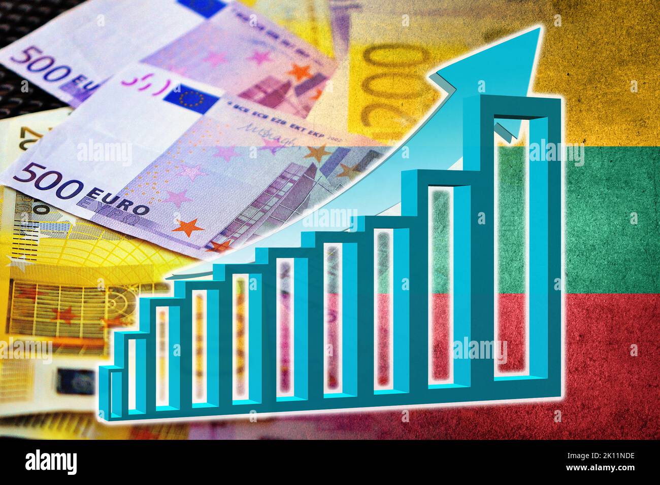 Economy graph: rising arrow, cash euro banknotes and Lithuania flag ...