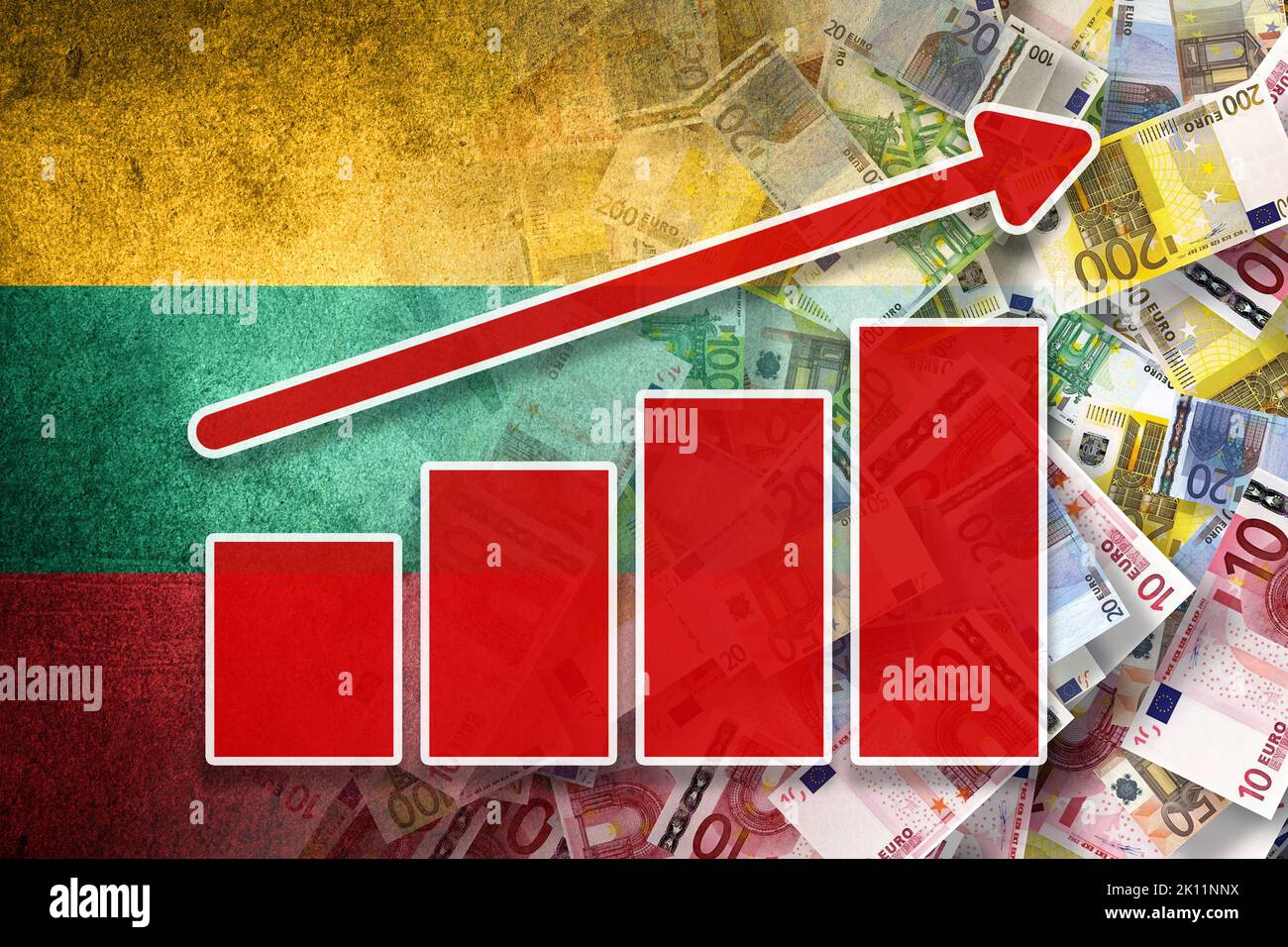 Economy graph: rising arrow, cash euro banknotes and Lithuania flag ...