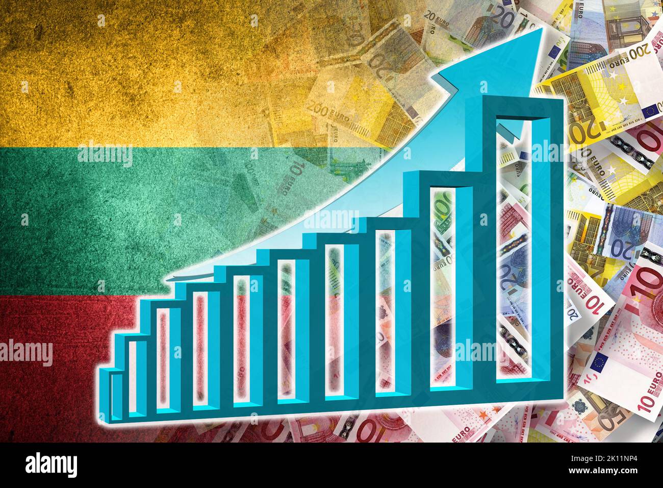 Economy graph: rising arrow, cash euro banknotes and Lithuania flag ...