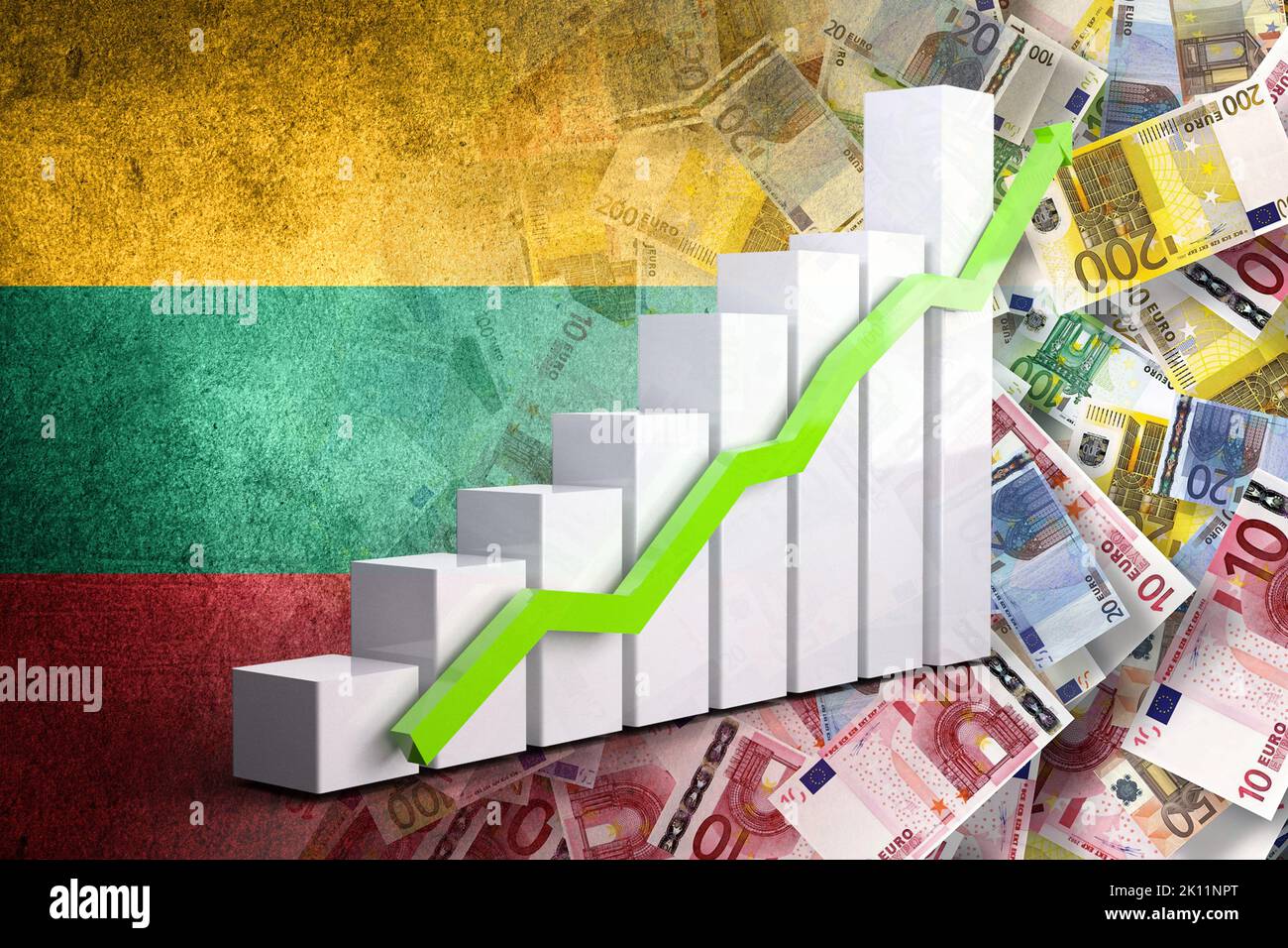 Economy graph: rising arrow, cash euro banknotes and Lithuania flag ...